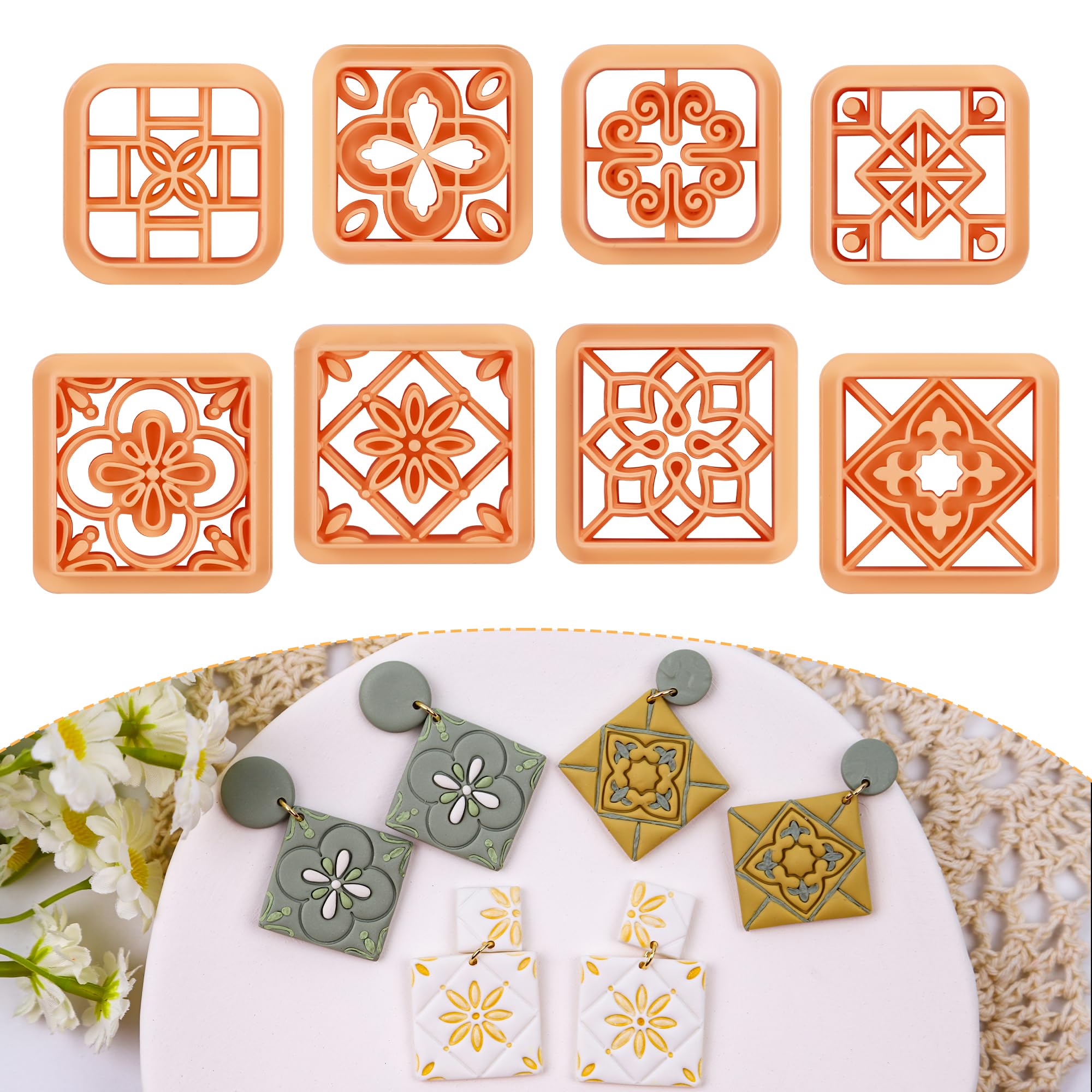 Puocaon Ceramic Tile Clay Cutters - 8 Pcs Bohemain Floral Tile Polymer Clay Cutters for Jewelry Making, Majolica Tile Earrings Clay Cutters, Porcelain Tile Clay Jewelry Cutters Polymer Clay Jewelry