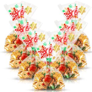 resholder 100 counts 28 x 13 cm flat clear cellophane treat bags block bottom storage bags sweet bags with 100 pieces twist ties for christmas party favor (red green gold snowflake)