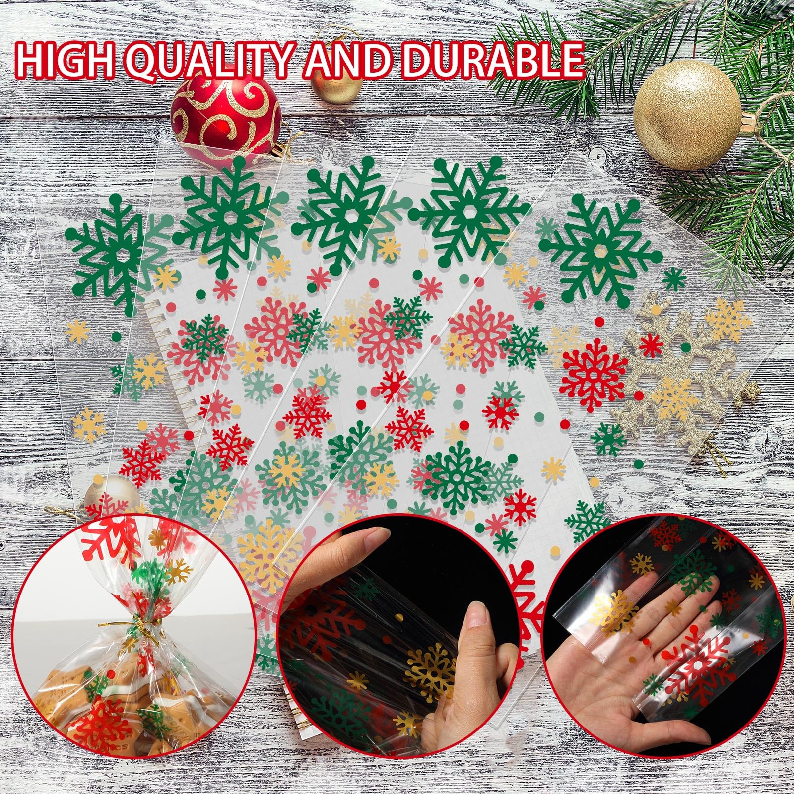 Resholder 100 Counts 28 x 13 cm Flat Clear Cellophane Treat Bags Block Bottom Storage Bags Sweet Bags with 100 Pieces Twist Ties For Christmas Party Favor (Red Green Gold Snowflake)