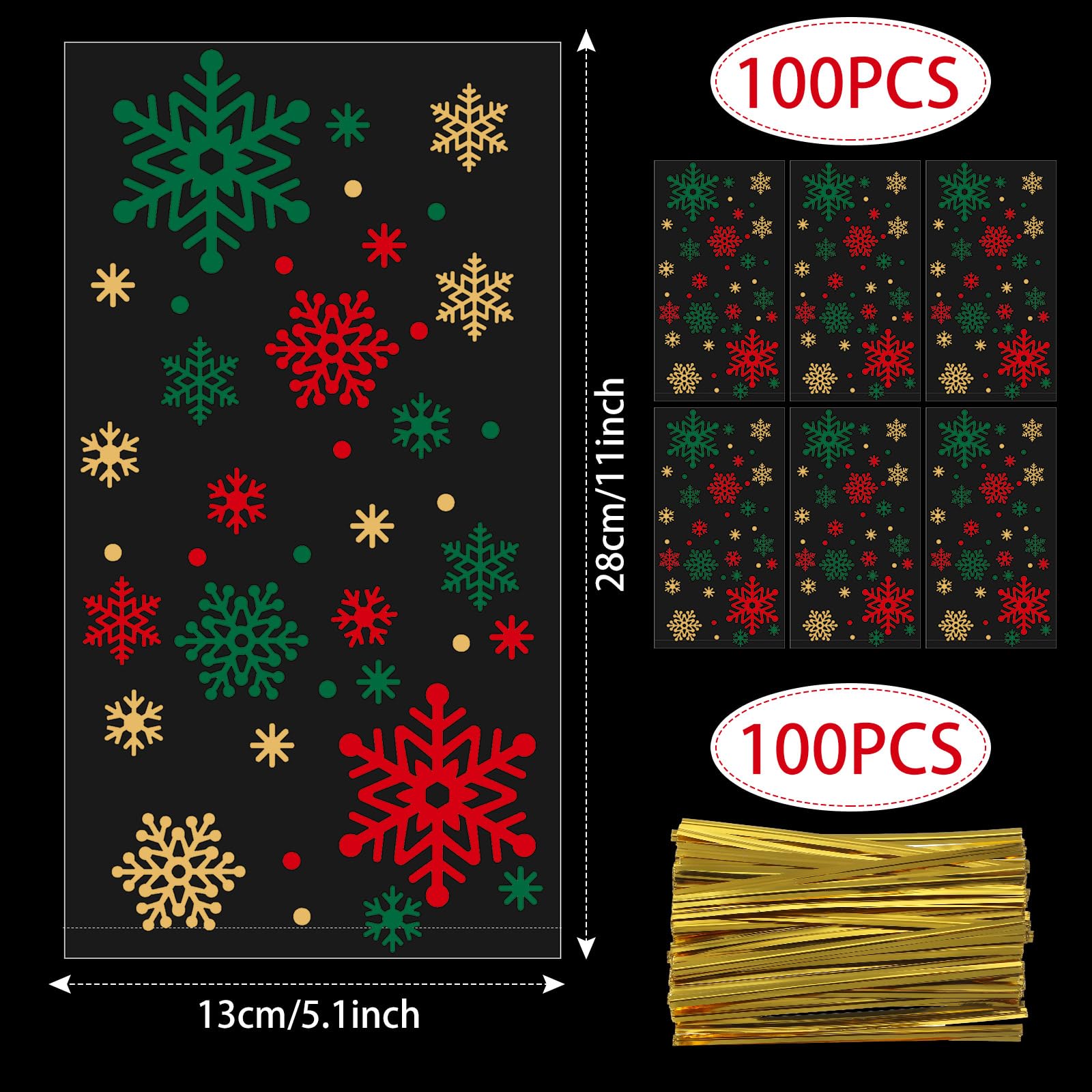 Resholder 100 Counts 28 x 13 cm Flat Clear Cellophane Treat Bags Block Bottom Storage Bags Sweet Bags with 100 Pieces Twist Ties For Christmas Party Favor (Red Green Gold Snowflake)