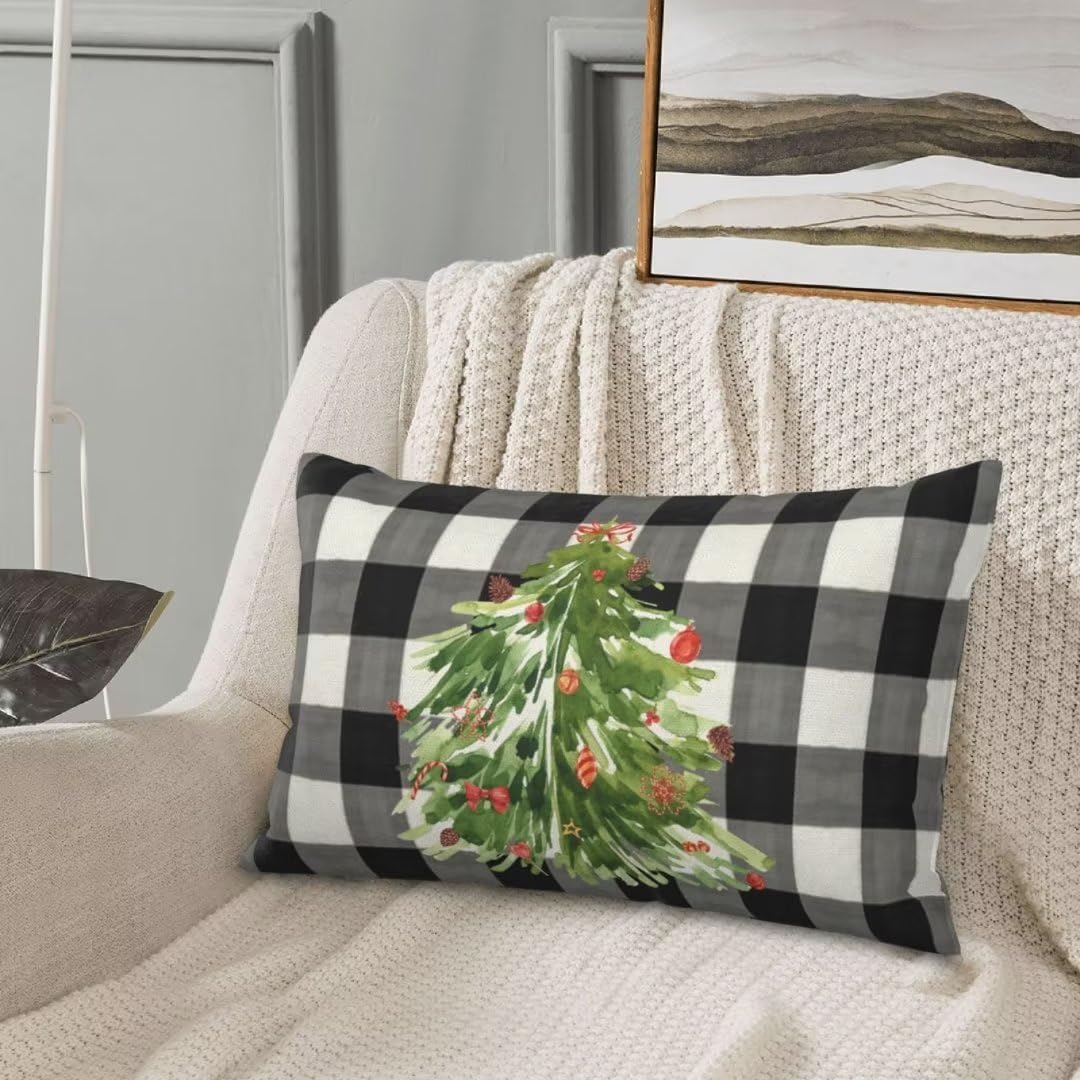 AEIOAE Christmas Pillow Covers 12x20 Inch Set of 2, Buffalo Plaid Christmas Tree Decorative Throw Pillows Farmhouse Linen Nature Forest Xmas Winter Pillow Case for Couch Sofa Outdoor Decor