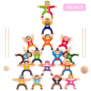 moopok 16pcs wooden stacking toys,circus hercules acrobatic troupe toy, balancing building blocks game toddler puzzle toys,for 3 4 5 6 years kids adults