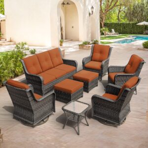 gardenbee wicker patio furniture set 8-pcs with a 3-seat sofa, 2 swivel rocking chairs, 2 armchairs, 2 ottomans and 1 side table patio conversation set, orange