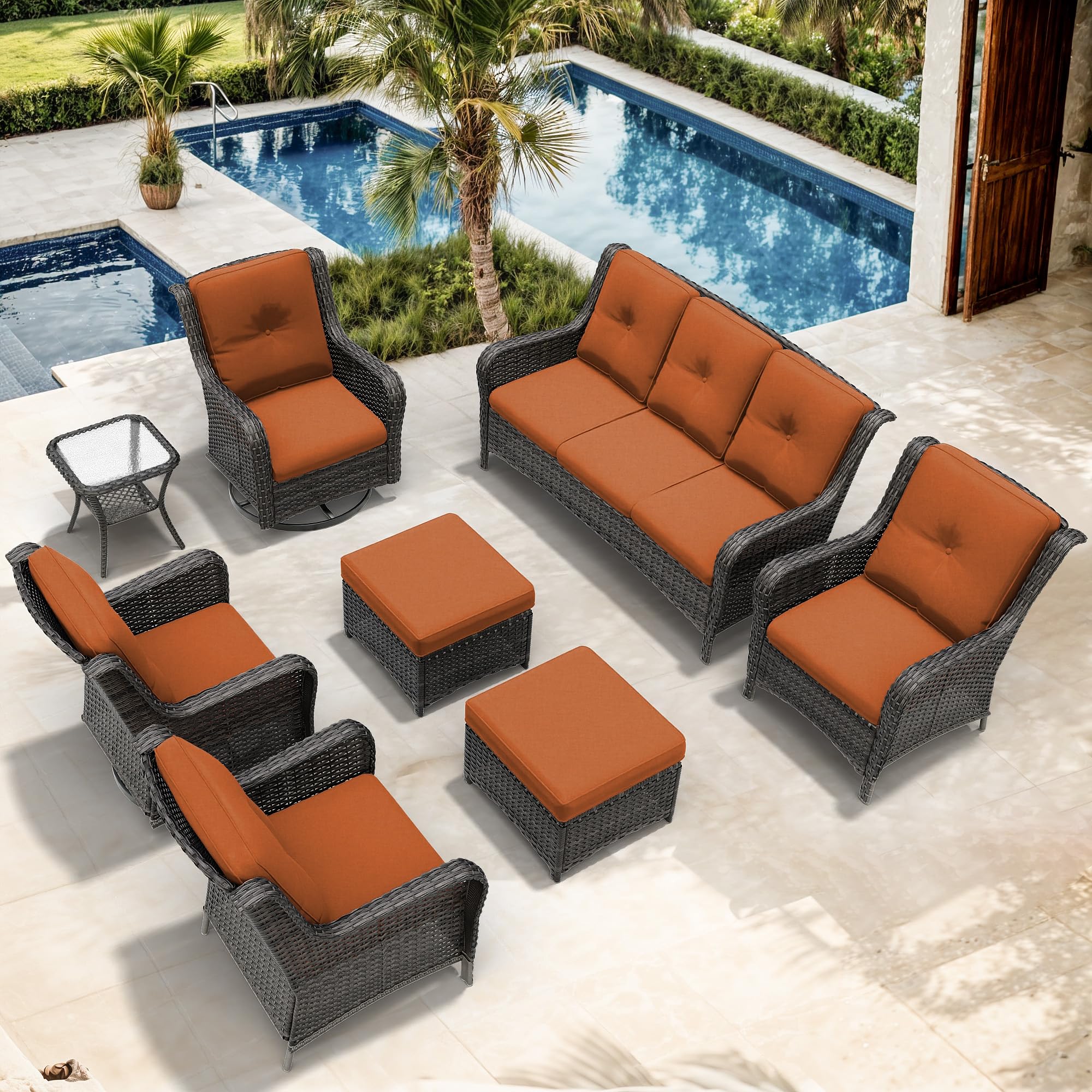 Gardenbee Wicker Patio Furniture Set 8-PCS with A 3-Seat Sofa, 2 Swivel Rocking Chairs, 2 Armchairs, 2 Ottomans and 1 Side Table Patio Conversation Set, Orange