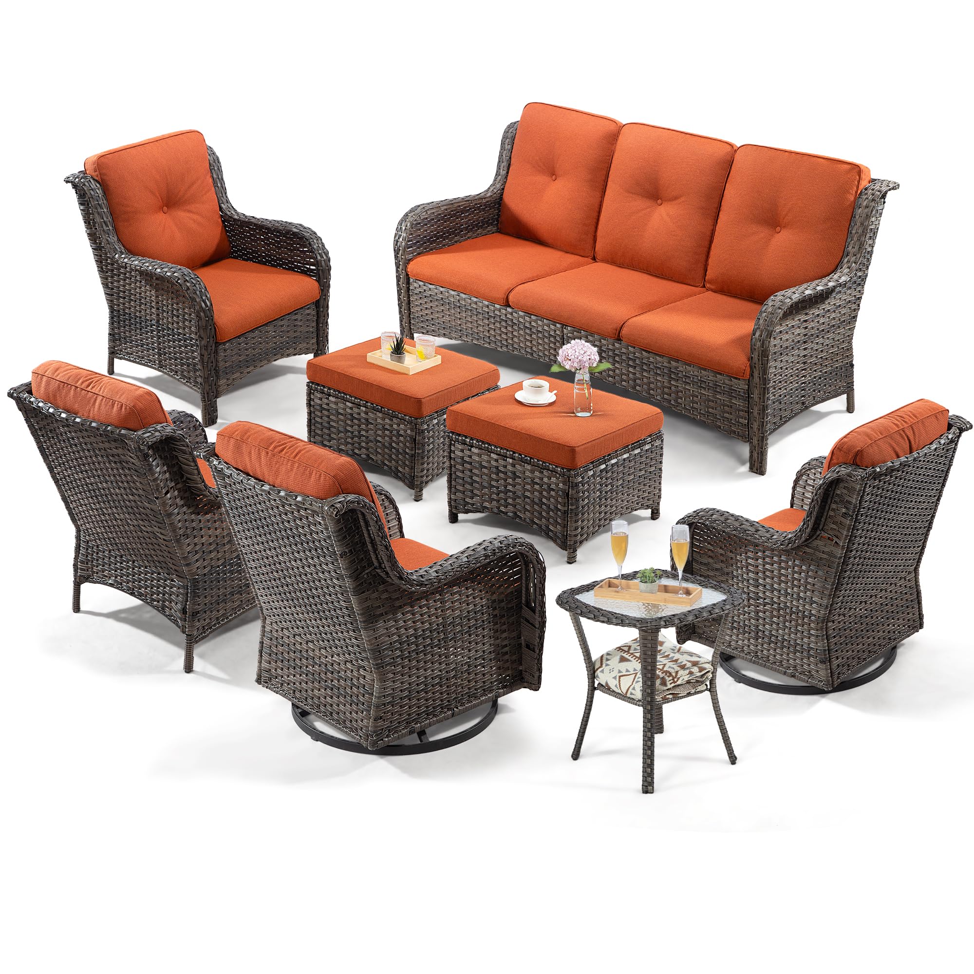 Gardenbee Wicker Patio Furniture Set 8-PCS with A 3-Seat Sofa, 2 Swivel Rocking Chairs, 2 Armchairs, 2 Ottomans and 1 Side Table Patio Conversation Set, Orange