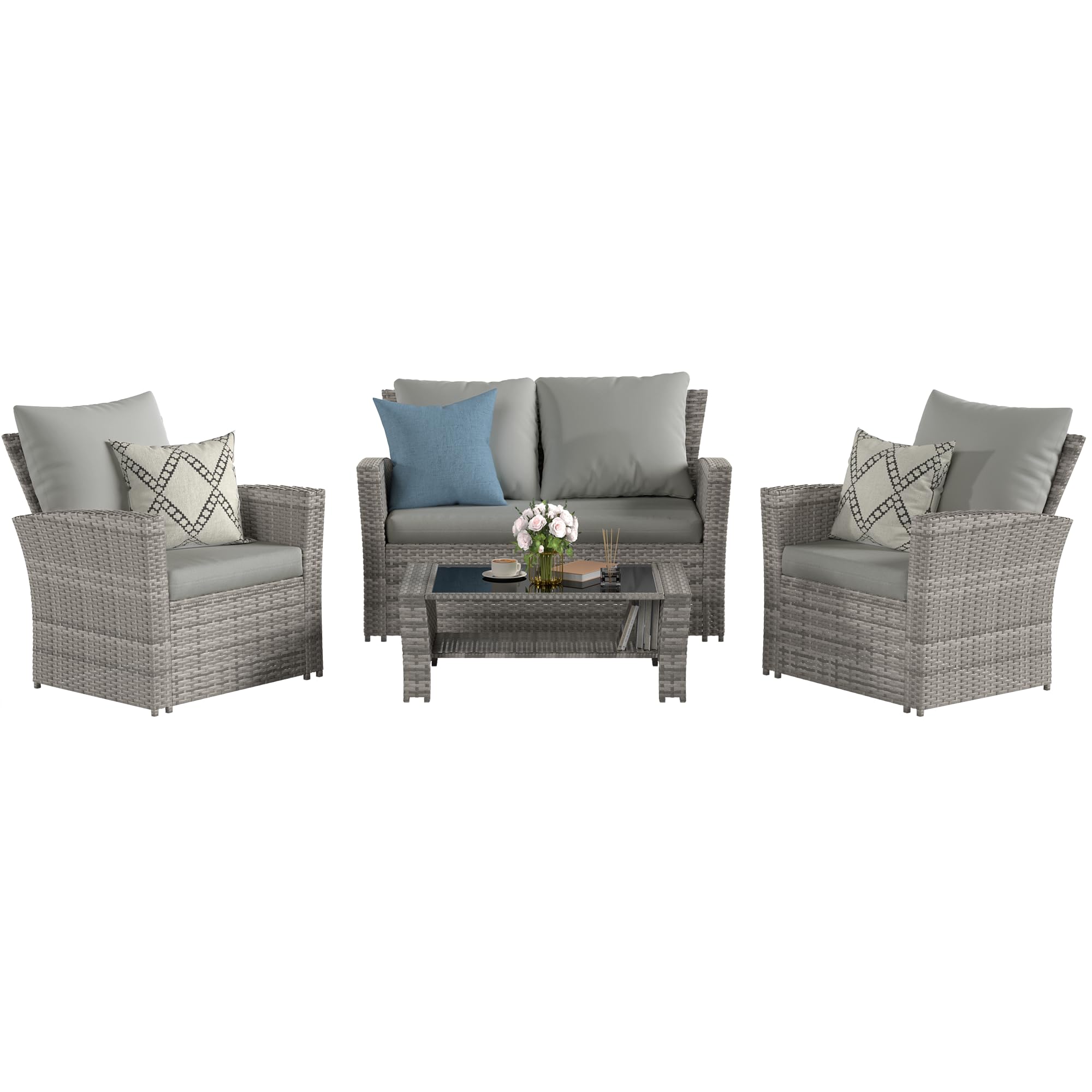 VONZOY Wicker Patio Furniture Set, 4 Piece Outdoor Sectional Conversation Sets, Gray PE Rattan Patio Sofa Set for Balcony, Porch, Backyard, Grey