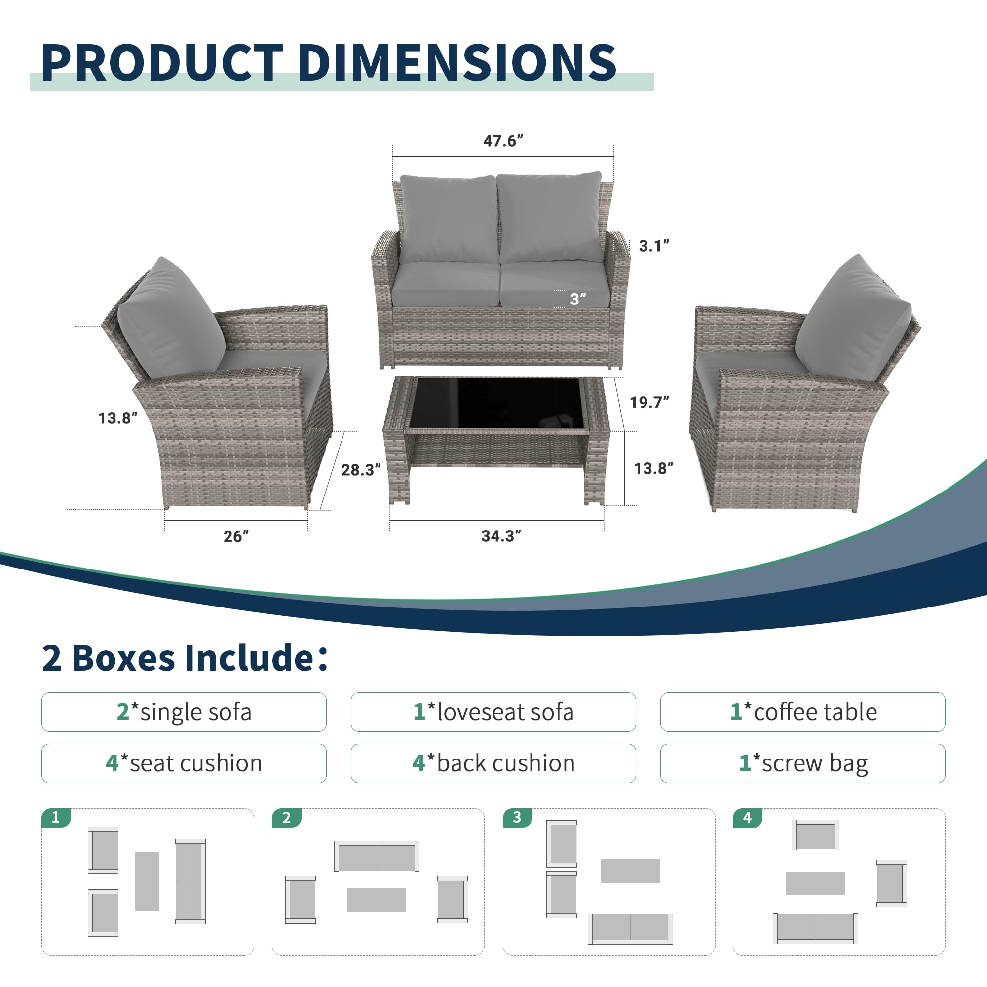 VONZOY Wicker Patio Furniture Set, 4 Piece Outdoor Sectional Conversation Sets, Gray PE Rattan Patio Sofa Set for Balcony, Porch, Backyard, Grey