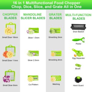 16 in 1 Mandoline Vegetable Food Chopper, Slicers and Vegetable Cutters, Multi Function Kitchen Veg Cutter for Onion Garlic Potato Salad, Veggie Chopper with Container and Draining Basket