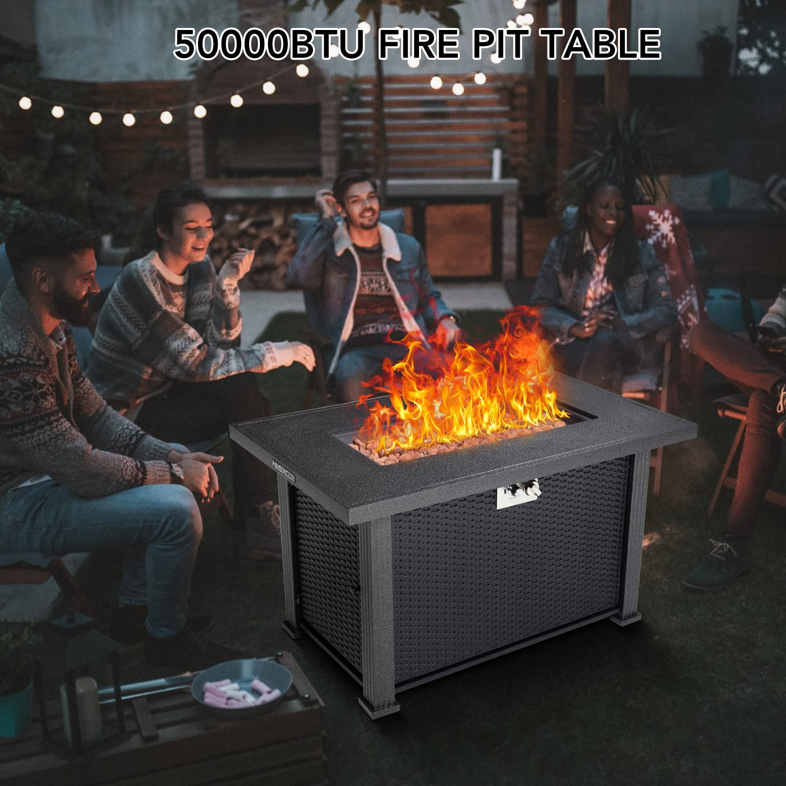 Propane Fire Pit Table 44 Inch, 50000BTU Rectangle Fire Table with Cover & Rain Cover, Sturdy Steel and Iron Fence Surface, CSA Safety Certified, Companion for Your Garden