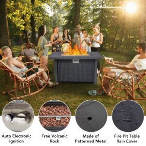 Propane Fire Pit Table 44 Inch, 50000BTU Rectangle Fire Table with Cover & Rain Cover, Sturdy Steel and Iron Fence Surface, CSA Safety Certified, Companion for Your Garden