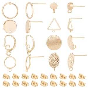 benecreat 8 pairs 8 style 18k real gold plated geometric brass stud, round triangles stud earring findings with loops and 20pcs plastic ear nuts for earring making, pin: 0.8mm