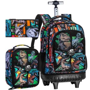 ccjpx 3pcs rolling backpack for men, 21 inch water resistant dinosaur backpacks with roller wheels, wheeled bookbag for teens boys elementary school travel