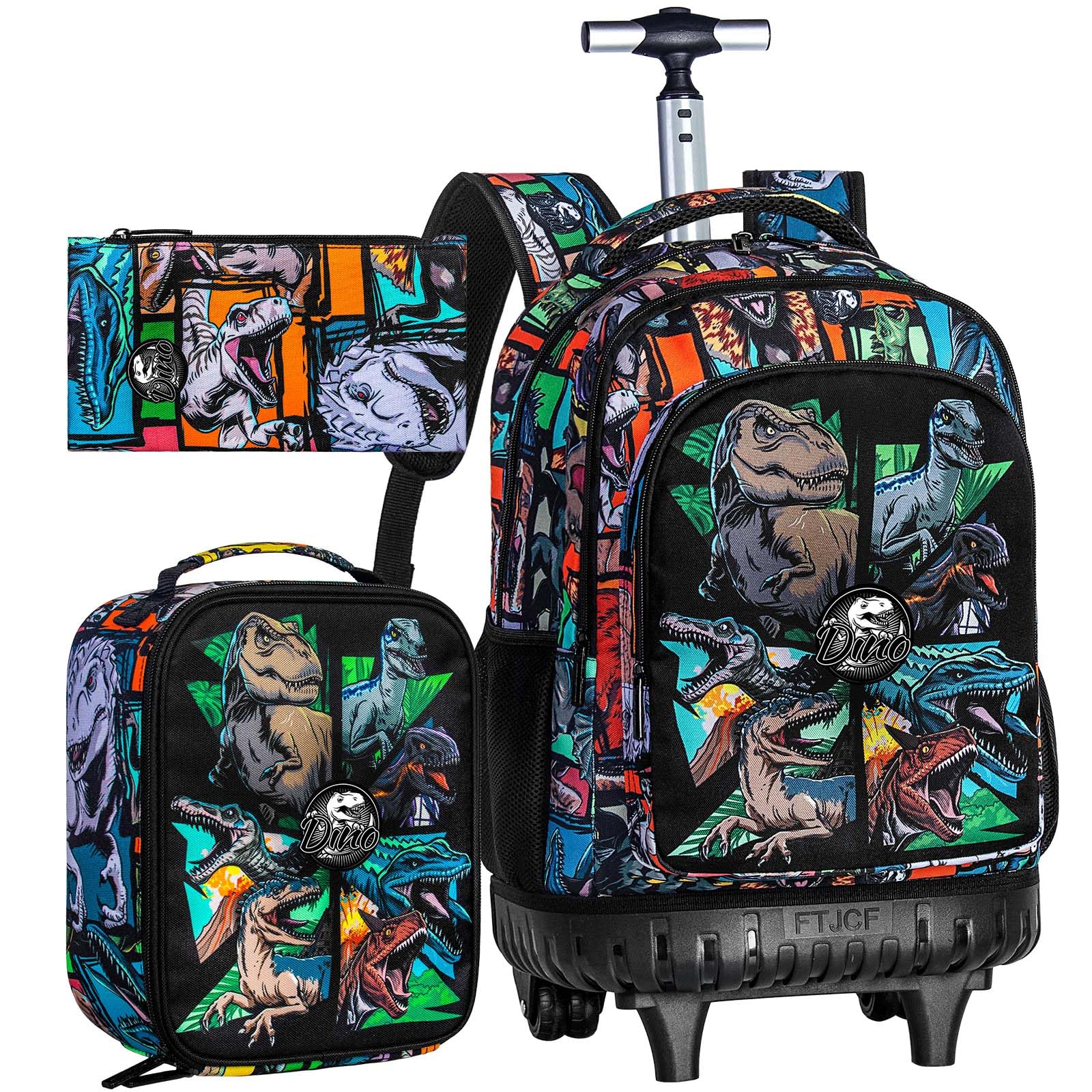 CCJPX 3PCS Rolling Backpack for Men, 21 Inch Water Resistant Dinosaur Backpacks with Roller Wheels, Wheeled Bookbag for Teens Boys Elementary School Travel