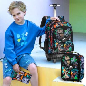 CCJPX 3PCS Rolling Backpack for Men, 21 Inch Water Resistant Dinosaur Backpacks with Roller Wheels, Wheeled Bookbag for Teens Boys Elementary School Travel