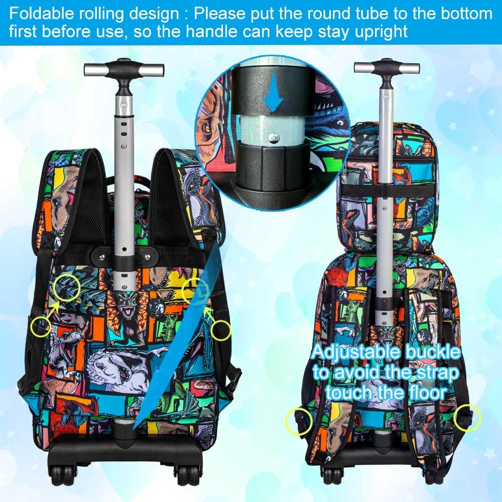 CCJPX 3PCS Rolling Backpack for Men, 21 Inch Water Resistant Dinosaur Backpacks with Roller Wheels, Wheeled Bookbag for Teens Boys Elementary School Travel