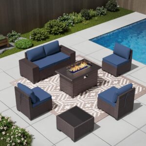 rtdtd outdoor patio furniture set with propane fire pit table, 7 pcs outdoor furniture patio sectional sofas conversation sets w/etl approved 43" gas outdoor fire table & coffee table (dark blue)