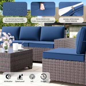 RTDTD Outdoor Patio Furniture Set with Propane Fire Pit Table, 7 Pcs Outdoor Furniture Patio Sectional Sofas Conversation Sets w/ETL Approved 43" Gas Outdoor Fire Table & Coffee Table (Dark Blue)