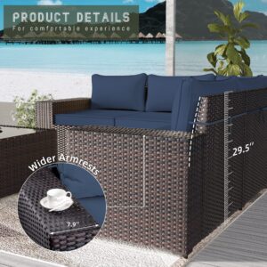 RTDTD Outdoor Patio Furniture Set with Propane Fire Pit Table, 7 Pcs Outdoor Furniture Patio Sectional Sofas Conversation Sets w/ETL Approved 43" Gas Outdoor Fire Table & Coffee Table (Dark Blue)