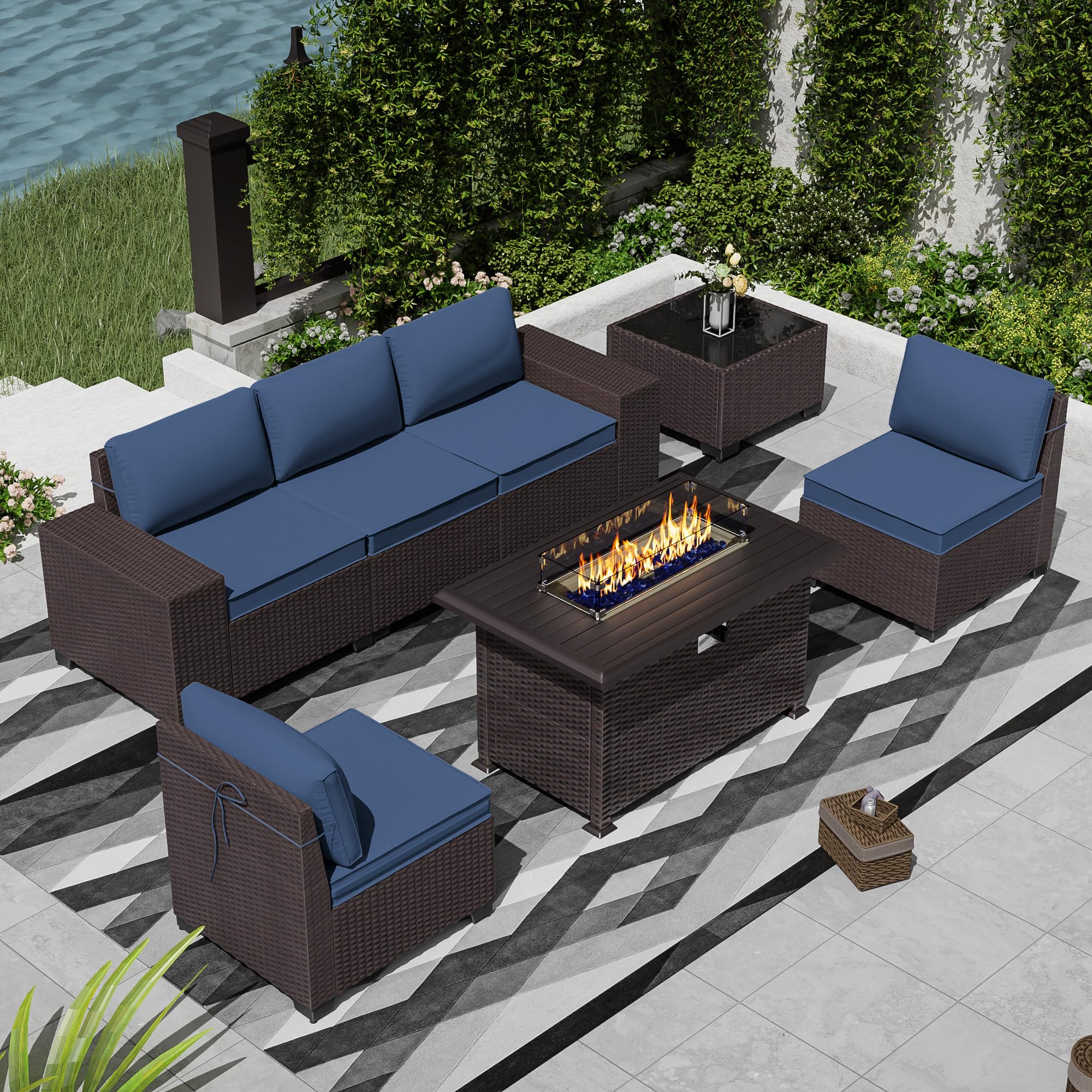 RTDTD Outdoor Patio Furniture Set with Propane Fire Pit Table, 7 Pcs Outdoor Furniture Patio Sectional Sofas Conversation Sets w/ETL Approved 43" Gas Outdoor Fire Table & Coffee Table (Dark Blue)