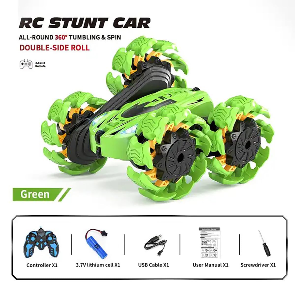 Remote Control Car Rc 4wd Toy Stunt Car 360 Rotate Double Side, High Speed 2.4GHZ Remote Controlled, Car for Ages 6+ (Green)