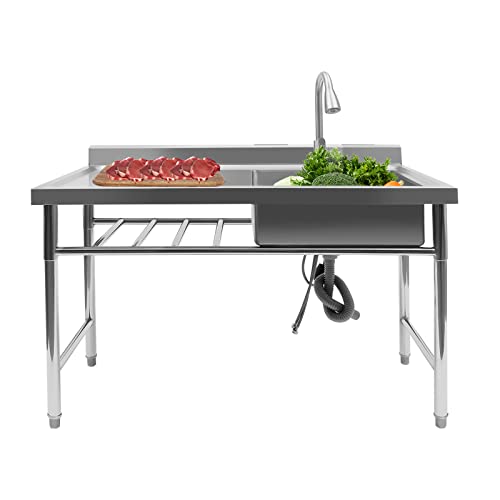 Kitchen Sink, Free Standing Stainless Steel Single Bowl Commercial Restaurant Set w/Faucet & Drainboard, Utility Washing Hand Basin w/Workbench for Kitchen Indoor Outdoor