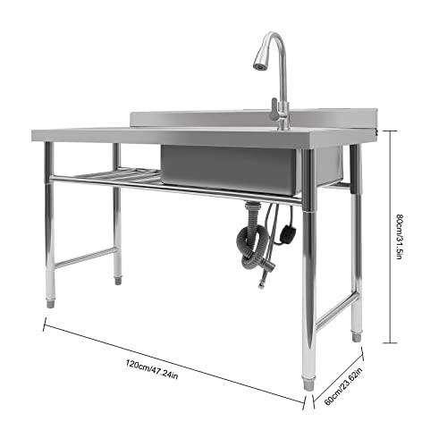 Kitchen Sink, Free Standing Stainless Steel Single Bowl Commercial Restaurant Set w/Faucet & Drainboard, Utility Washing Hand Basin w/Workbench for Kitchen Indoor Outdoor