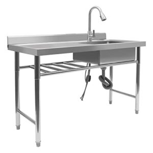 Kitchen Sink, Free Standing Stainless Steel Single Bowl Commercial Restaurant Set w/Faucet & Drainboard, Utility Washing Hand Basin w/Workbench for Kitchen Indoor Outdoor