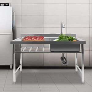 Kitchen Sink, Free Standing Stainless Steel Single Bowl Commercial Restaurant Set w/Faucet & Drainboard, Utility Washing Hand Basin w/Workbench for Kitchen Indoor Outdoor