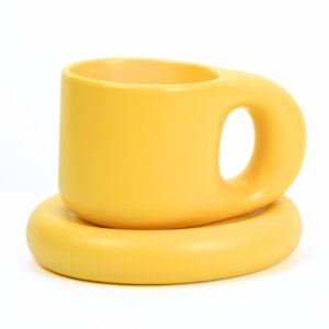 kasi & co ceramic coffee mug & saucer set, aesthetic mug with handle for office and home, microwave safe for tea and espresso drinks, 8.5 oz for latte tea (yellow)