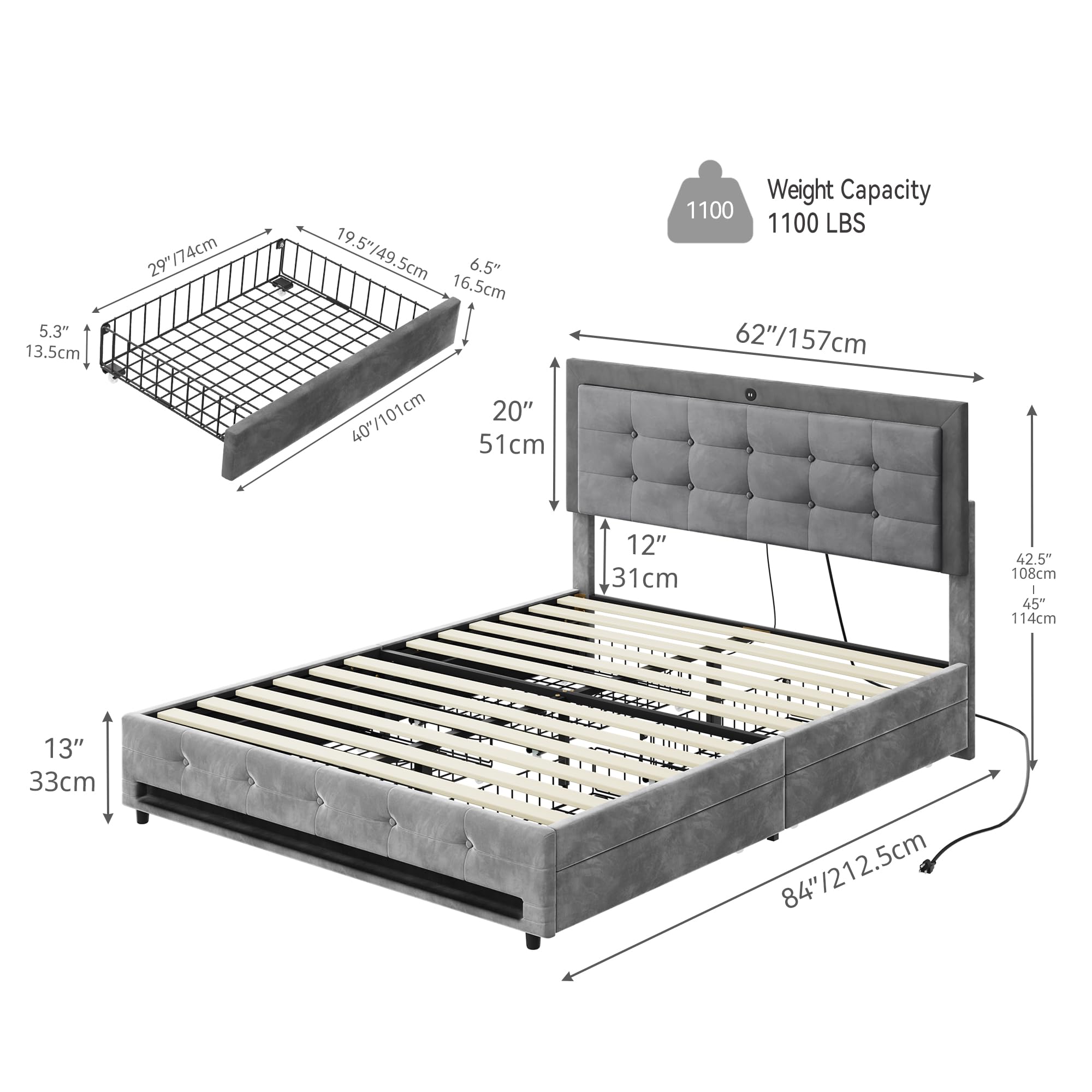 YITAHOME Queen Size LED Bed Frame, Storage Bed Frame with 4 Drawers & USB Ports, Upholstered Platform Bed with Velvet Headboard, Footboard and Built-in LED lights, No Box Spring Needed, Gray