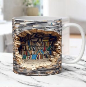 3d bookshelf mug - a library shelf cup, library bookshelf mug, book lovers coffee mug, creative space design multi-purpose ceramic mug, cool gifts for readers bookish 3d white mug (b)