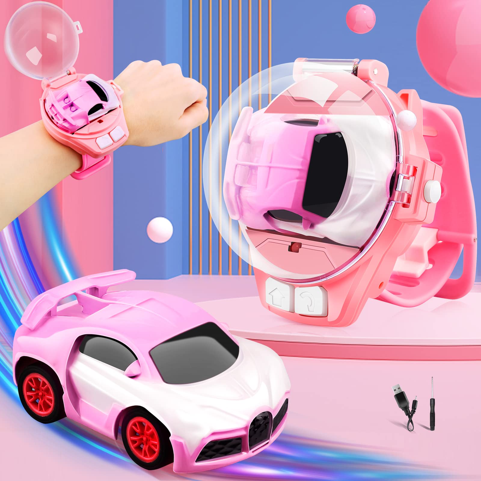 LOGOPLAY 2024 New Mini Remote Control Car Watch Toys, 2.4 GHz Cartoon RC Watch Racing Car, USB Charging Remote Control Car, Watch Car Hand Controlled Watch RC Car for Boys Girls Birthday Gift (Pink)