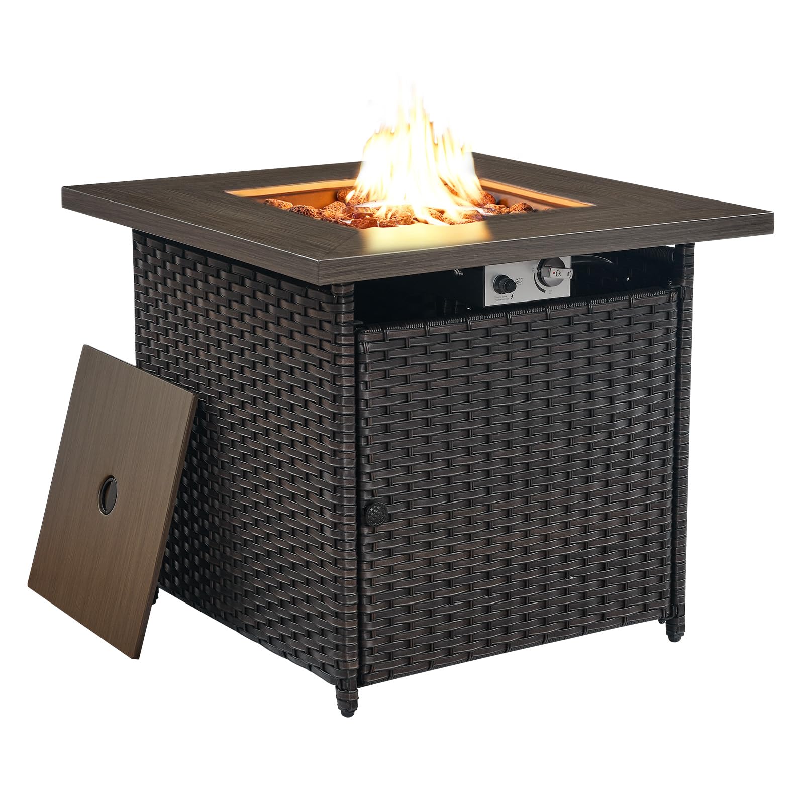 HUMMUH 30" Square Propane Fire Pit Table, 50,000 BTU Outdoor Gas Fire Pit with Lid and Lava Rock 2-in-1 Steel Fire Table for Porch Backyard Deck Balcony - Brown