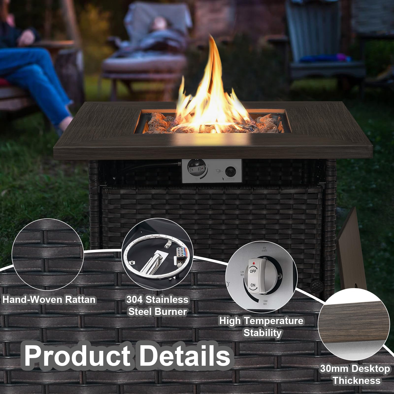 HUMMUH 30" Square Propane Fire Pit Table, 50,000 BTU Outdoor Gas Fire Pit with Lid and Lava Rock 2-in-1 Steel Fire Table for Porch Backyard Deck Balcony - Brown