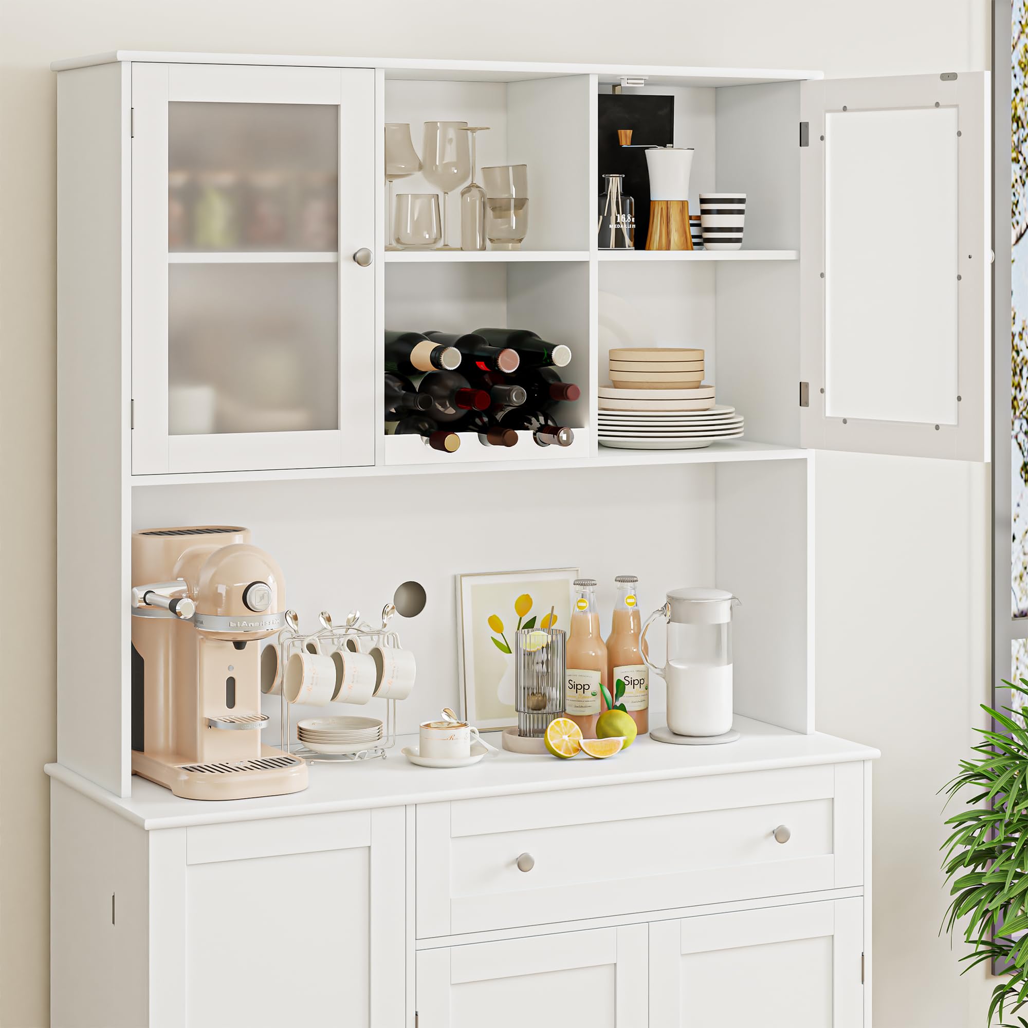 HOSTACK Kitchen Pantry Storage Cabinet, Modern Buffet Cabinet with Hutch, Tall Kitchen Hutch Cabinet with Microwave Stand, Food Pantry Cabinet with Doors and Shelves | Wine Rack for Dining Room, White