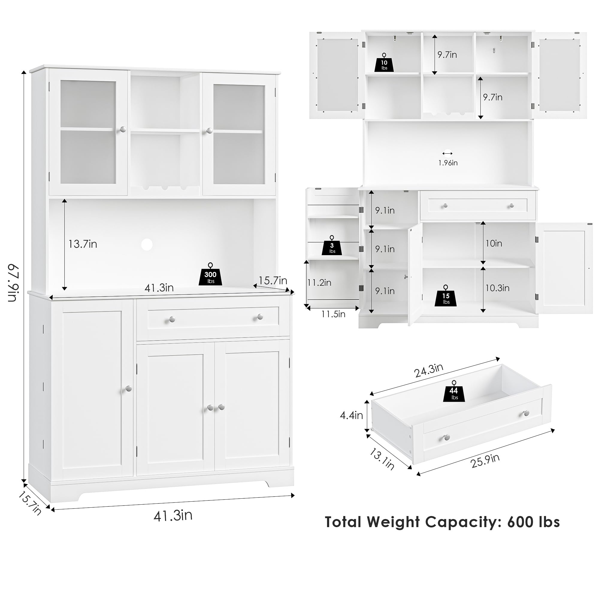 HOSTACK Kitchen Pantry Storage Cabinet, Modern Buffet Cabinet with Hutch, Tall Kitchen Hutch Cabinet with Microwave Stand, Food Pantry Cabinet with Doors and Shelves | Wine Rack for Dining Room, White