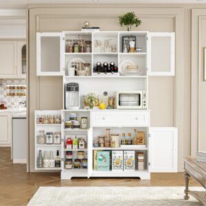 HOSTACK Kitchen Pantry Storage Cabinet, Modern Buffet Cabinet with Hutch, Tall Kitchen Hutch Cabinet with Microwave Stand, Food Pantry Cabinet with Doors and Shelves | Wine Rack for Dining Room, White