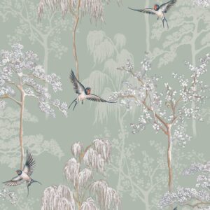 world of wallpaper japanese garden inspired oriental asian themed wallpaper for living room and bedroom cherry blossom trees and oriental birds - sage green 946102