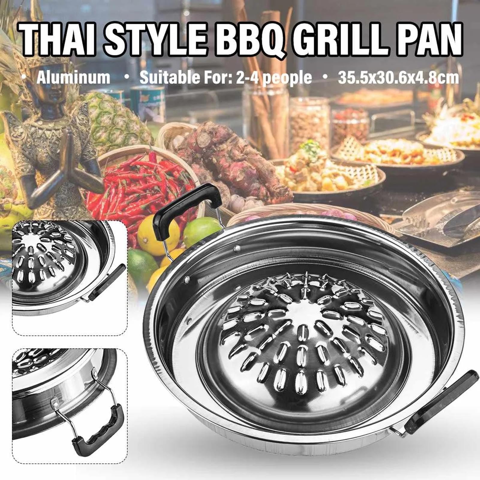 RSBFER Korean BBQ Grill Pan, Aluminum Stovetop Round Barbecue Grill Plate, Basket Steamer Cookware Kitchen Cooking Tools,35cm