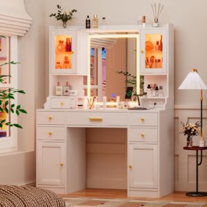 white vanity desk with mirror, lights and charging station - large makeup table set with rgb cabinets and 3 led light modes