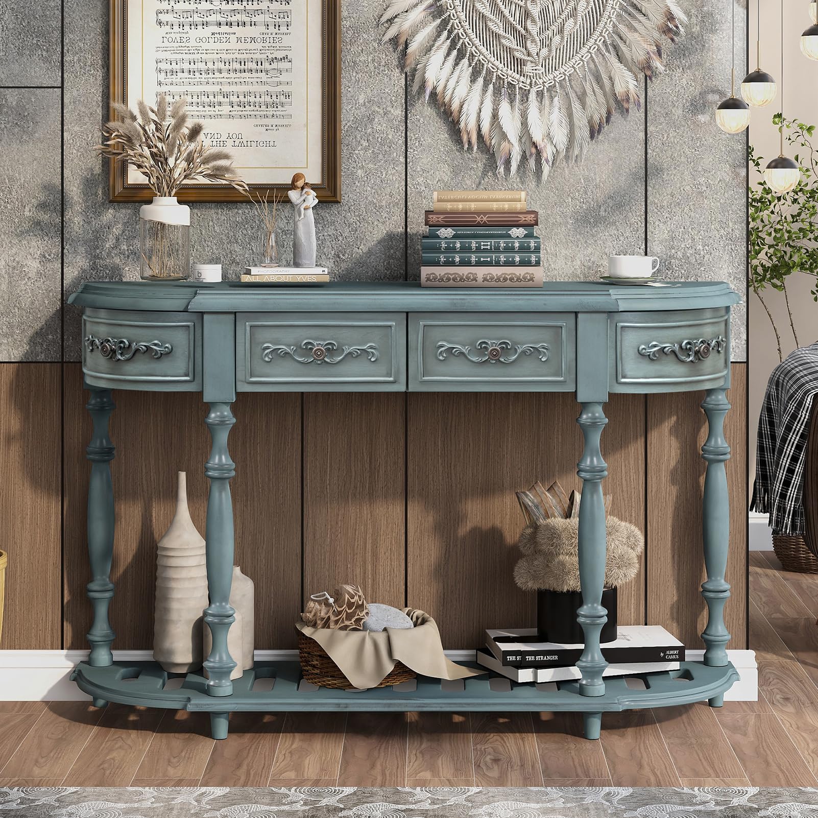 52" Farmhouse Console Tables for Entryway,Curved Sofa Table Display Cabinet w/4 Drawers & 1 Bottom Shelf,Cupboard Accent Table Credenza Decor Furniture for Living Room Hallway Kitchen,Antique Blue