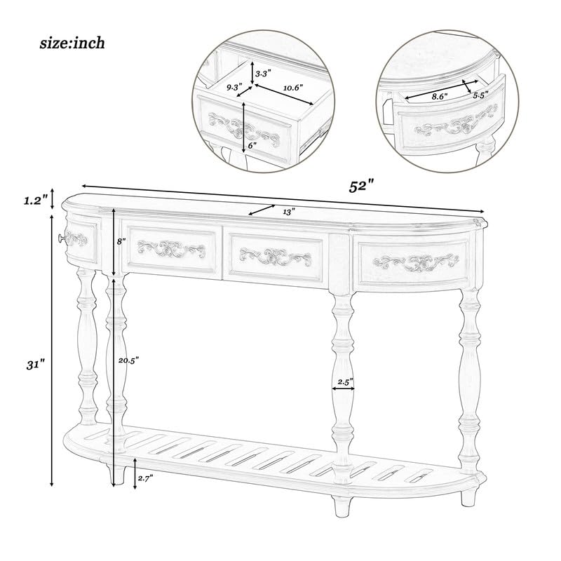 52" Farmhouse Console Tables for Entryway,Curved Sofa Table Display Cabinet w/4 Drawers & 1 Bottom Shelf,Cupboard Accent Table Credenza Decor Furniture for Living Room Hallway Kitchen,Antique Blue