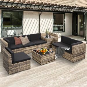 krofem 8 pieces outdoor wicker rattan patio furniture sectional set, glass top table with hidden storage, 7 sofa sections, oversized cushions, natural color rattan with black cushion