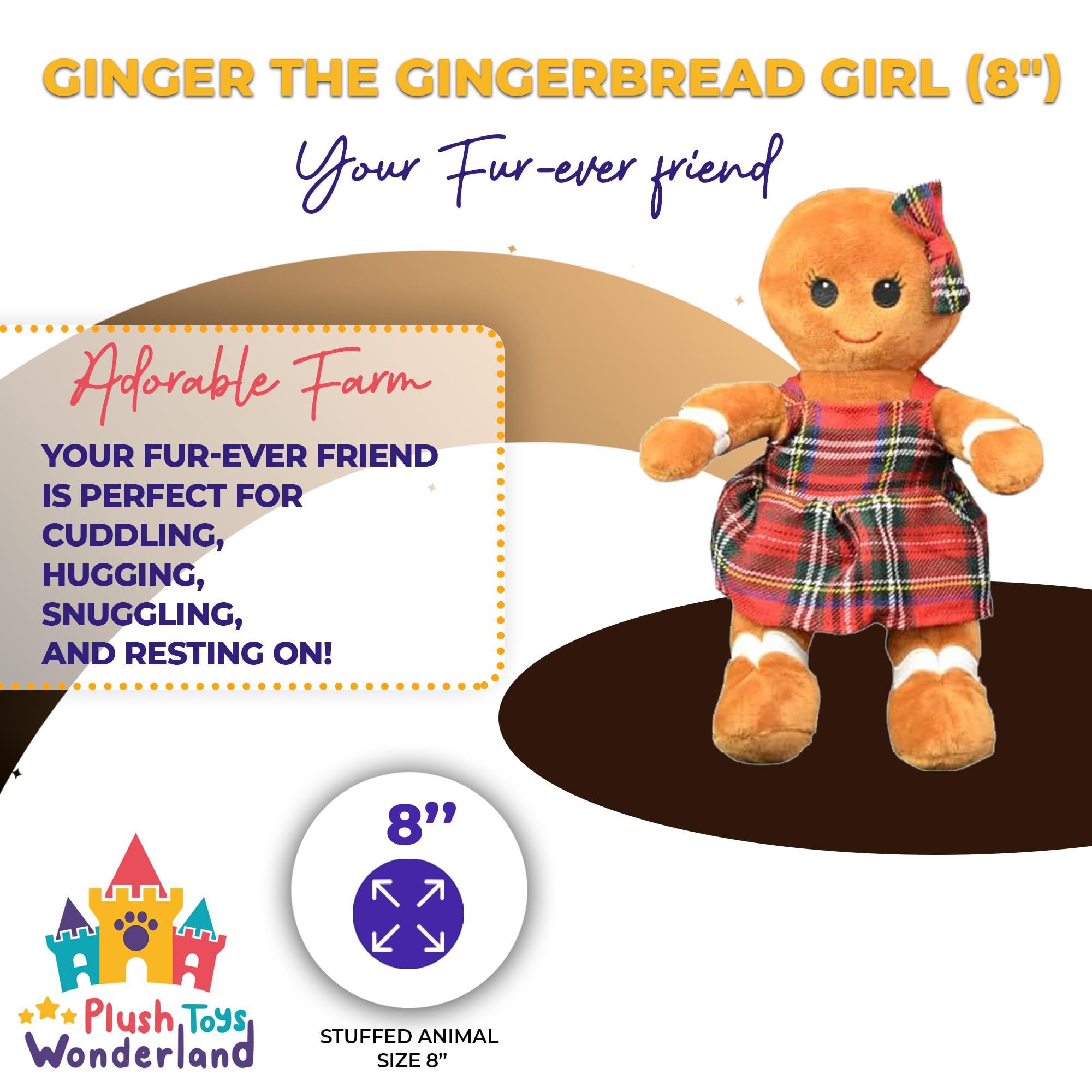 PLUSH TOYS WONDERLAND Ginger The Gingerbread Girl 8 Inch Pocket-Sized Stuffed Doll: Petite and Perfectly Sweet Kids, Christmas Doll Plushie Gift for Kids, Baby Showers!