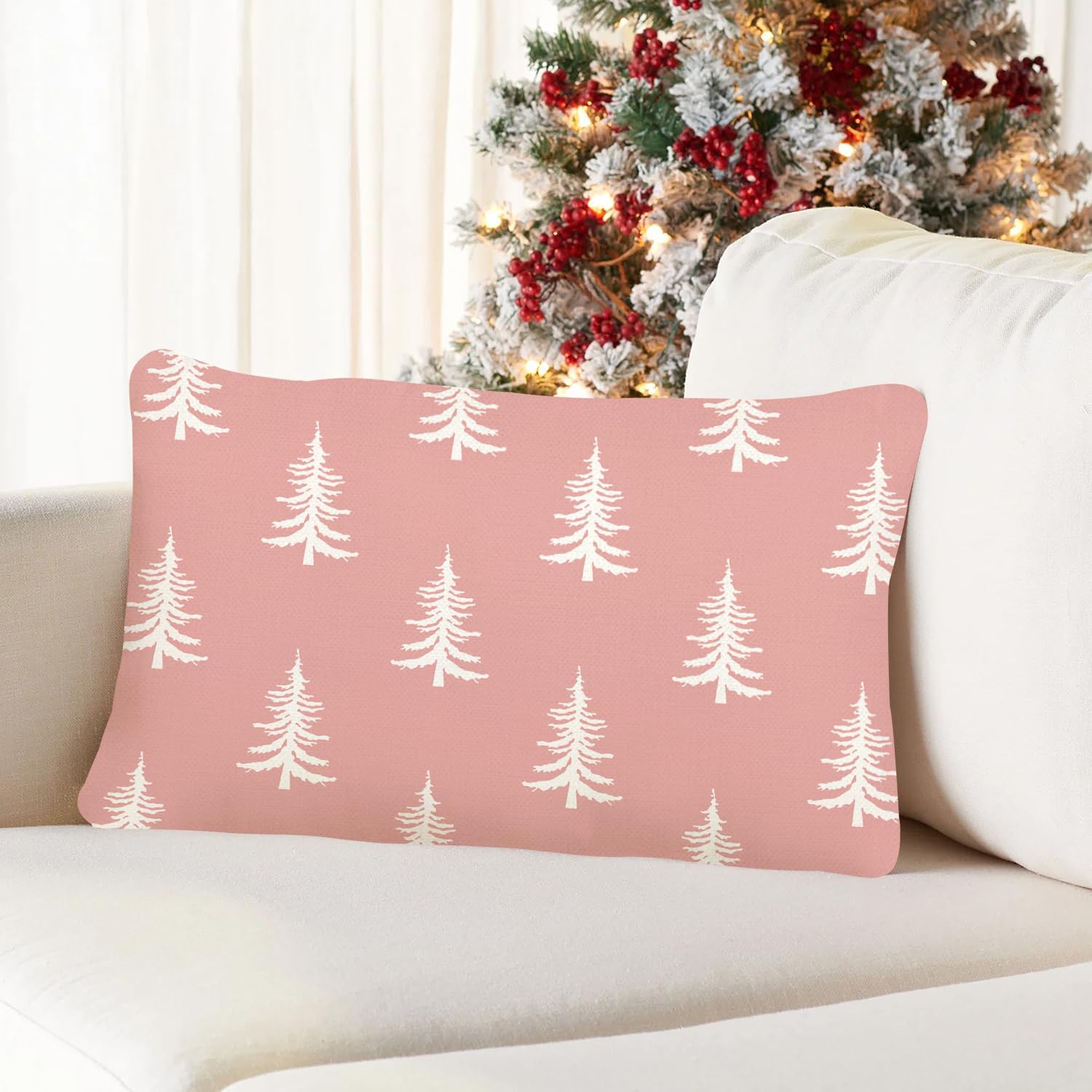 ADFLOOD Christmas Pillow Covers 12X20 Christmas Trees Decorative Throw Pillows Decoration Holiday Party Pink Cushion Case for Home Couch Sofa