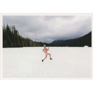 palm press streaker with winter hat jogging across frozen lake surrounded by forest and hills box of 10 humorous/funny christmas cards