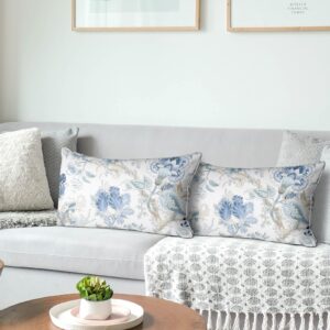 Snycler Chinoiserie Pillow Covers Set of 2 Blue and White Outdoor Pillows Flowers Throw Pillow Covers Cotton Square Cushion Cover Decor for Bedroom Couch Bed Living Room Sofa Chair 12"x20" C12