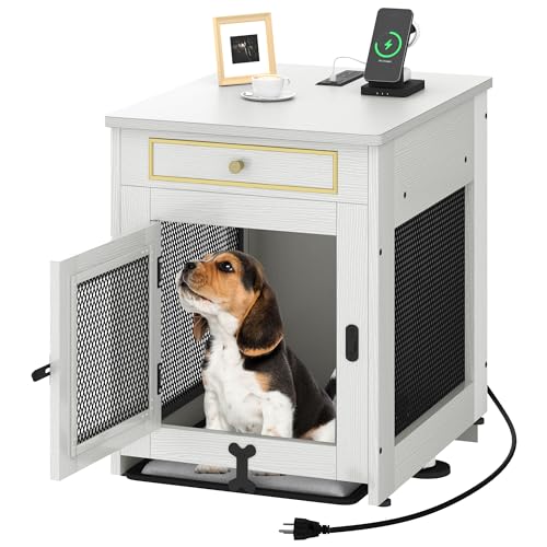 YITAHOME Dog Crate Furniture with Dual USB Charger, Wooden Dog Kennel End Table with Cushion Tray, Drawer for Small Dogs Under 25 lbs Indoor Use, White