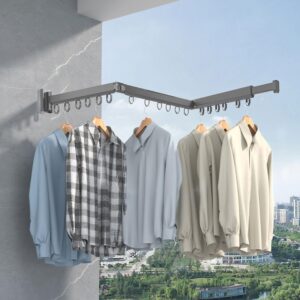 kleverise retractable clothes drying rack, wall mounted foldable laundry clothes hanging drying rack, folding space saving clothes rack for balcony, laundry, bathroom grey