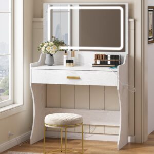 zopend vanity desk with lights and mirror, makeup vanity table mirror with 3 lighting color adjustable and power strip, modern dressing table with large drawer white